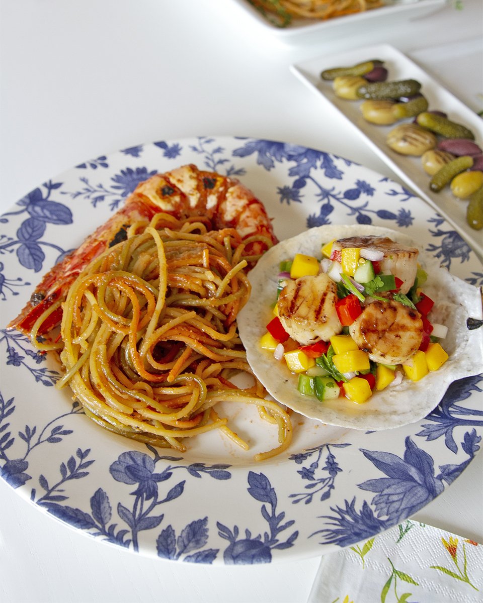 king tiger shrimp garlic butter pasta & scallops w/ mango salsat-square ...