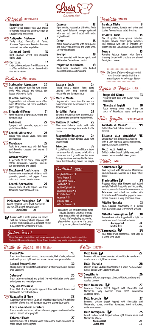Main Menu — Lucia Ristorante Winchester
