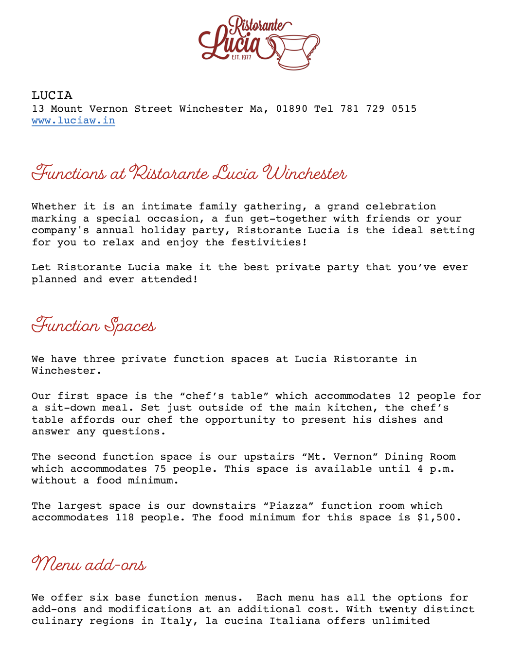 Functions — Lucia Ristorante Winchester