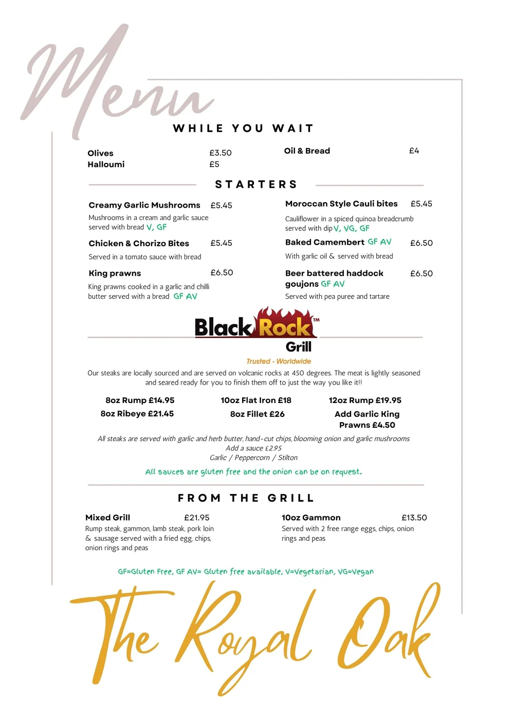 Restaurant Menu — The Royal Oak