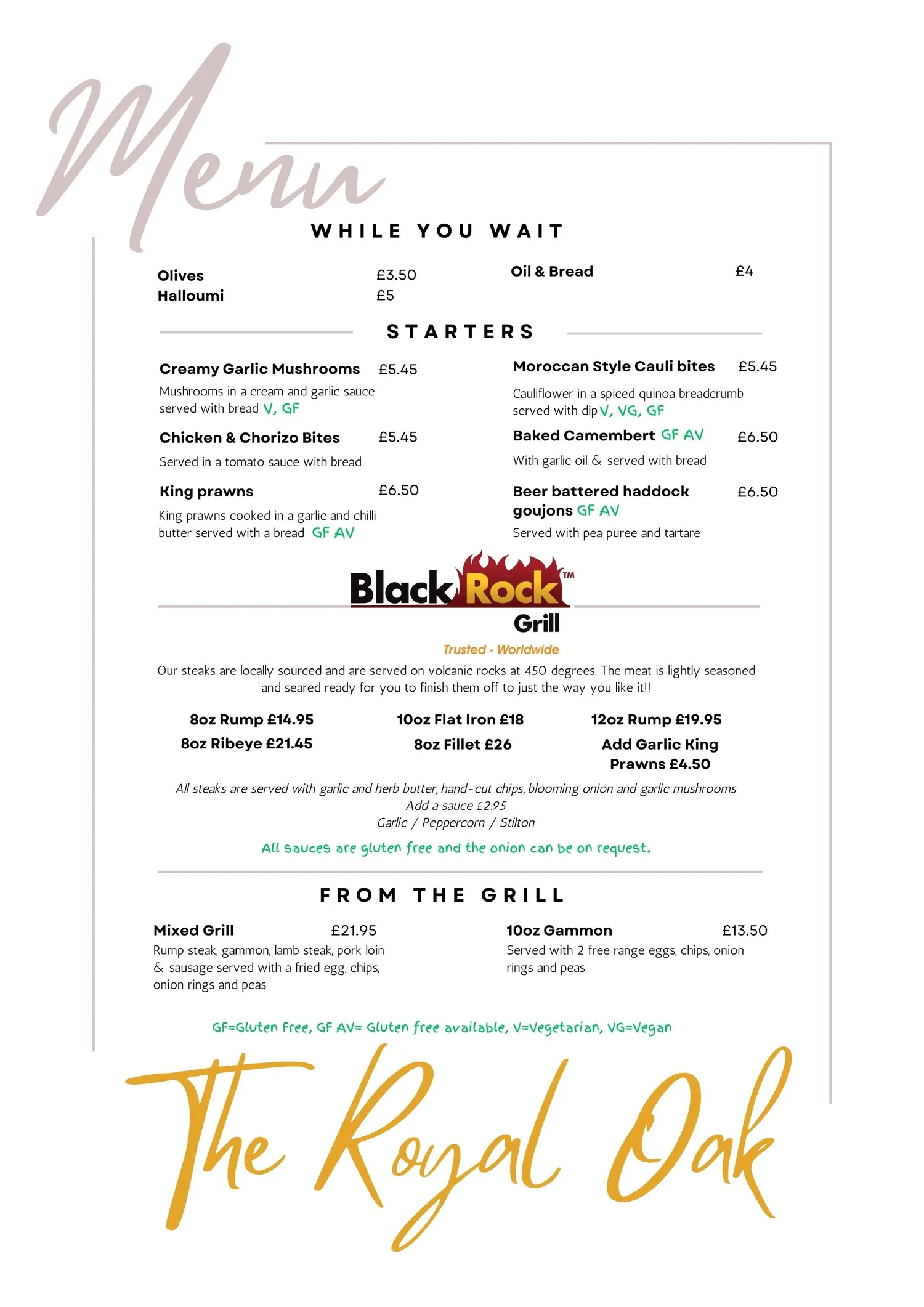 Restaurant Menu — The Royal Oak