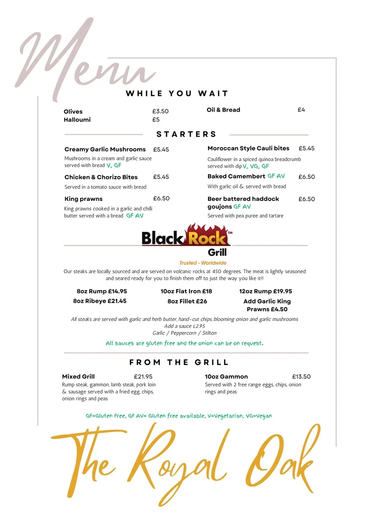 Restaurant Menu — The Royal Oak