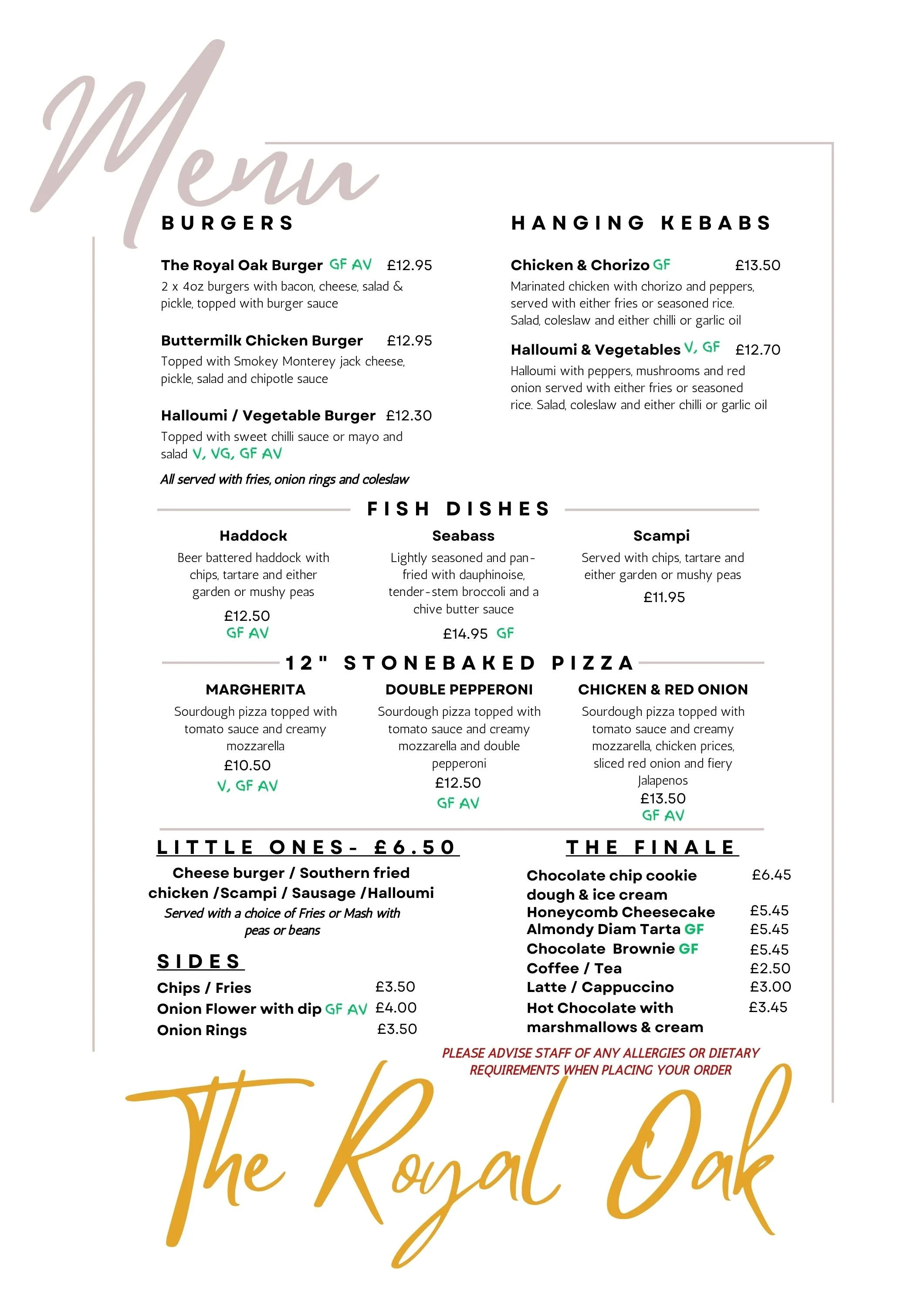 Restaurant Menu — The Royal Oak