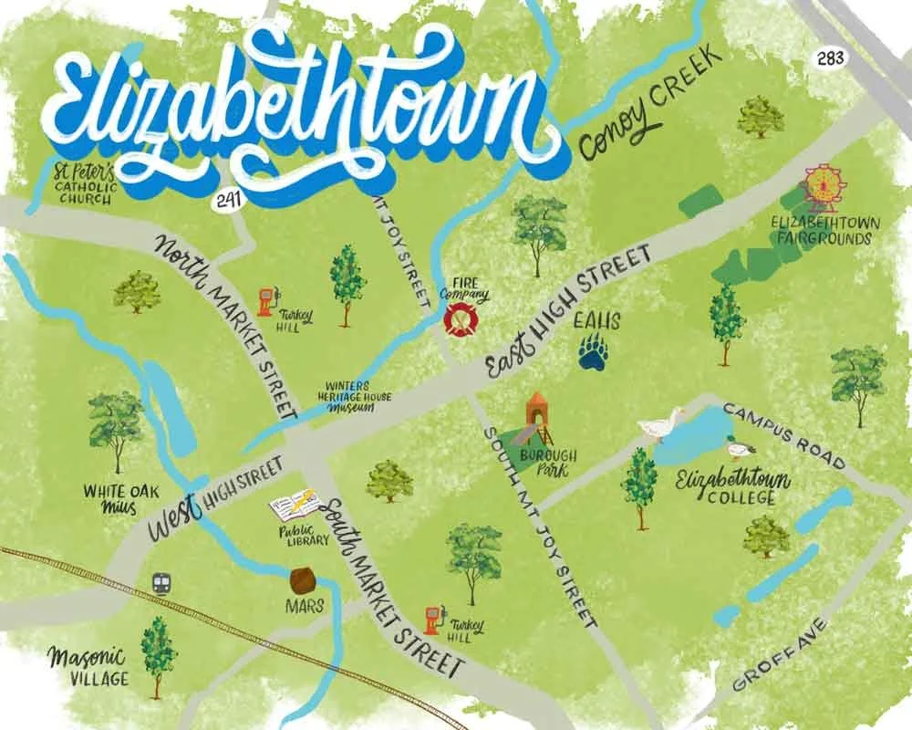Hand Illustrated Map of Elizabethtown PA Print, Central PA Map — Lola ...
