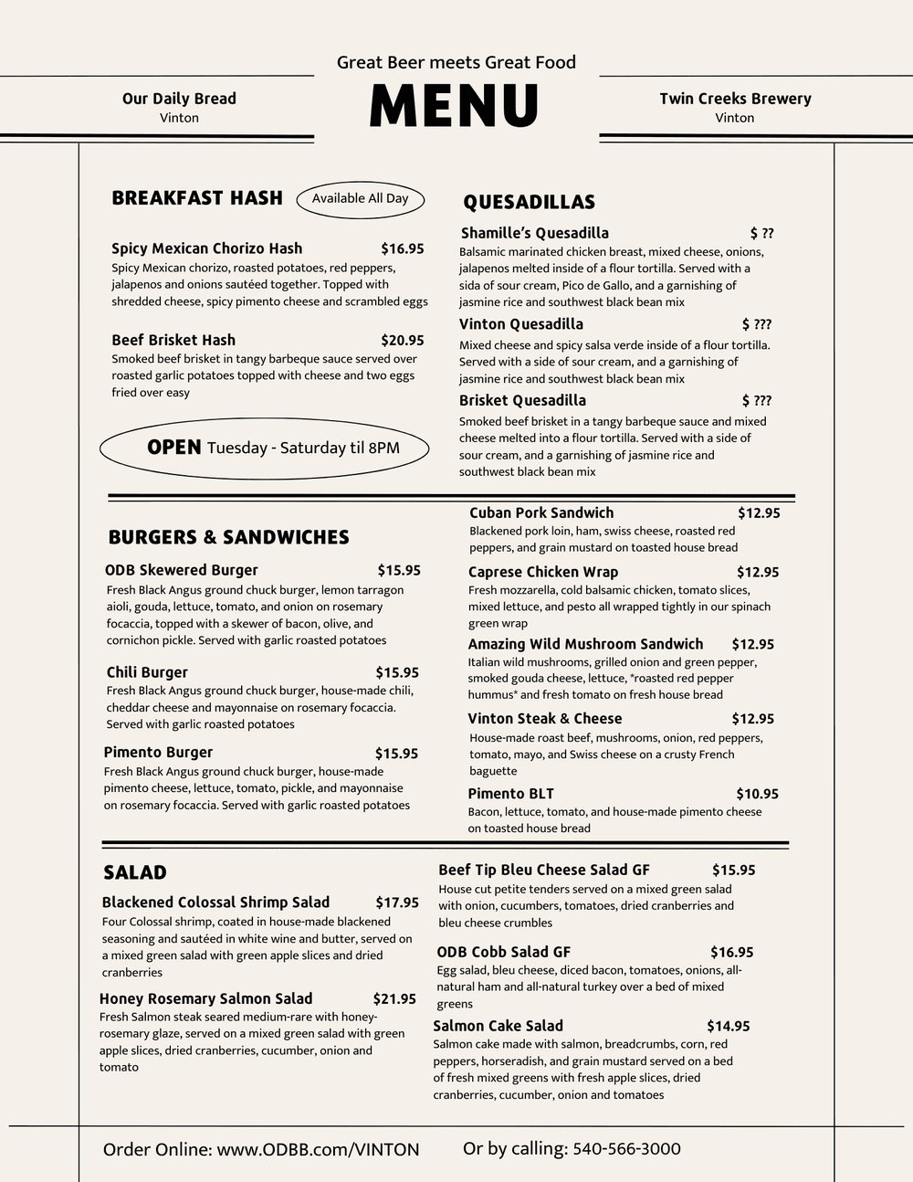 Twin Creeks Menu — Our Daily Bread Bakery & Bistro