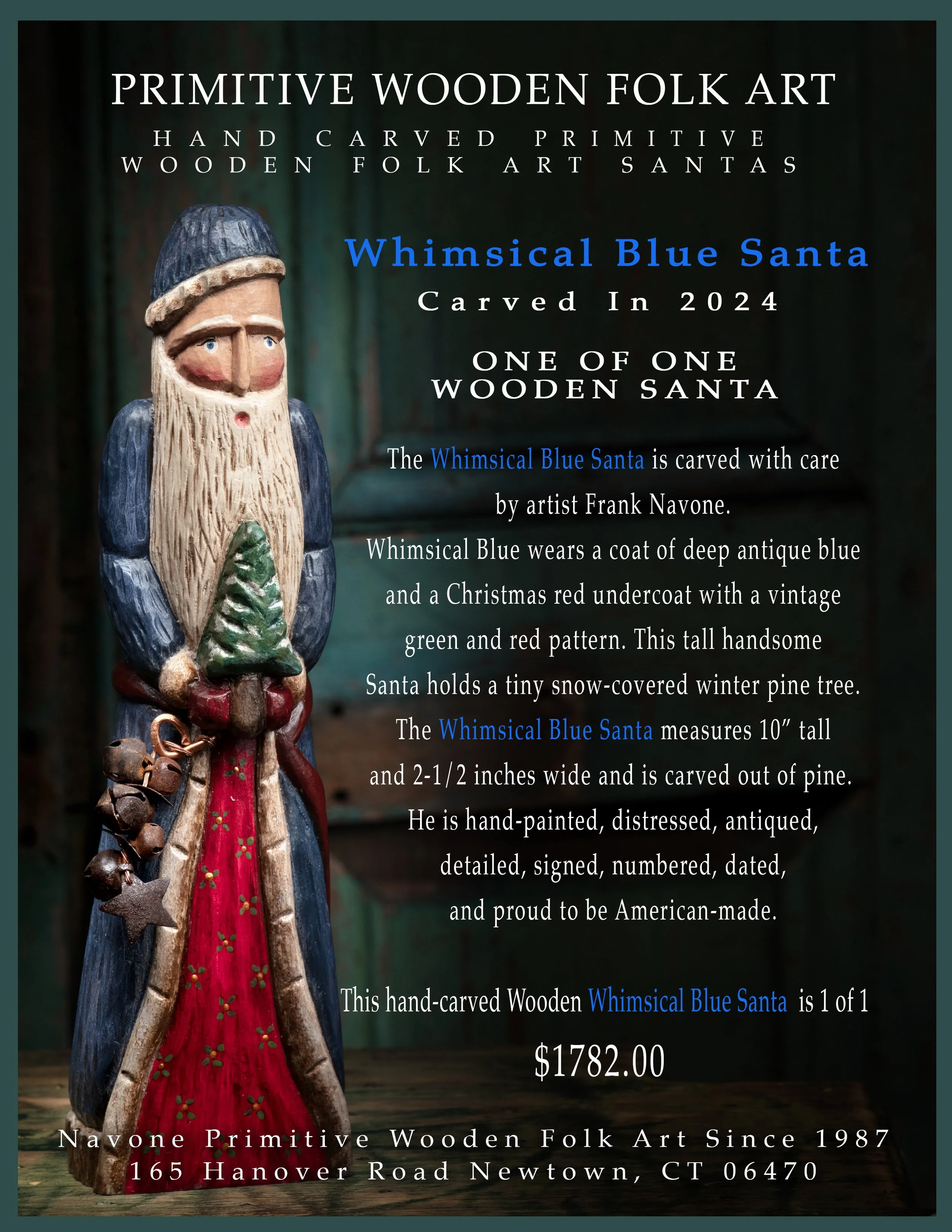 WOODEN WHIMSICAL BLUE SANTA ONE OF A KIND HAND CARVED — FOLKARTSANTAS.COM