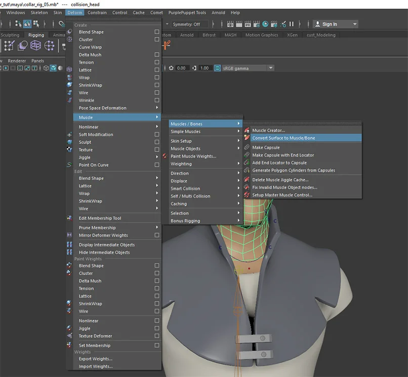 Collar rig with joints and cMuscleKeepOut nodes — Riham Toulan