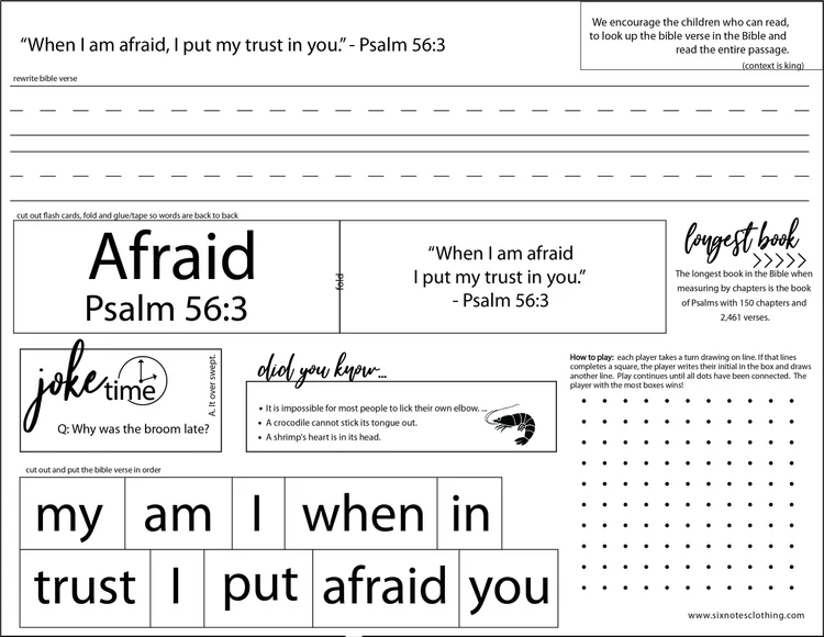 Fun Bible verse worksheets for kids — six notes clothing