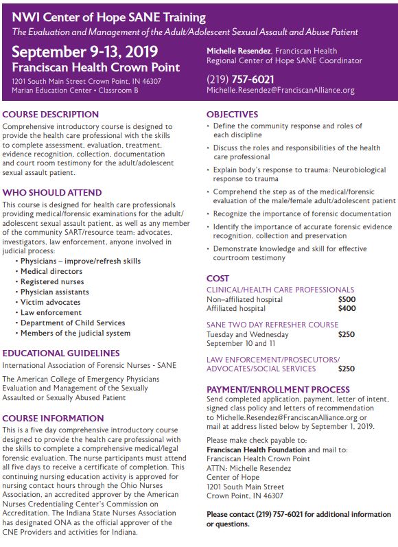 September 9-13, 2019- Adult/Adolescent SANE Course — Indiana ENA