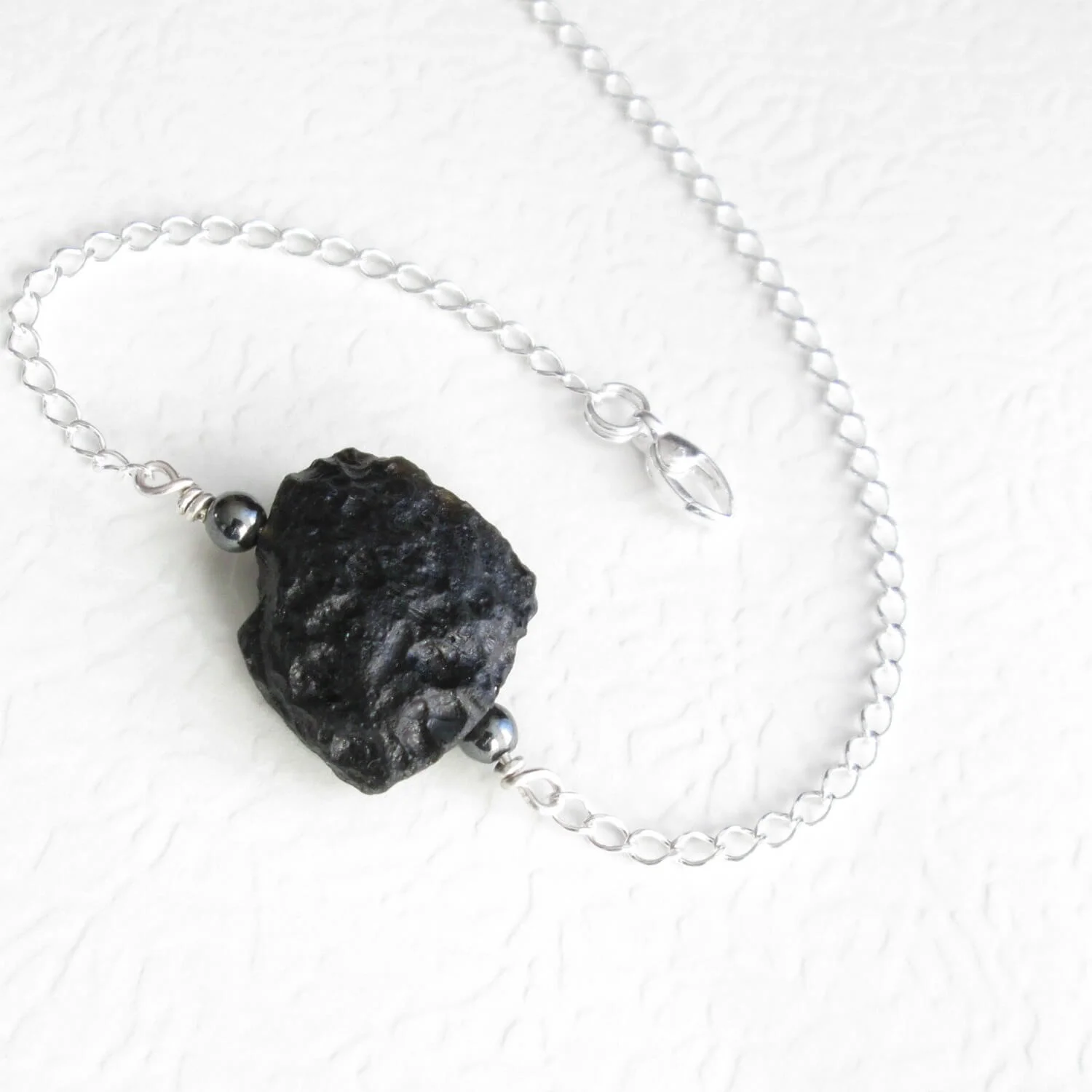 Natural Tektite Bracelet, Sterling Silver Chain, Hematite Stone ...