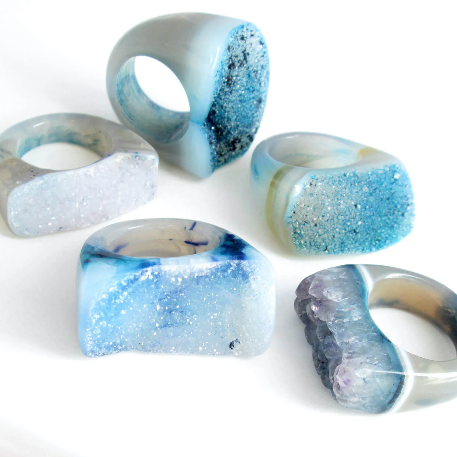 Big Blue Druzy Rings, Real Agate Geodes with Quartz Crystals — CindyLouWho2