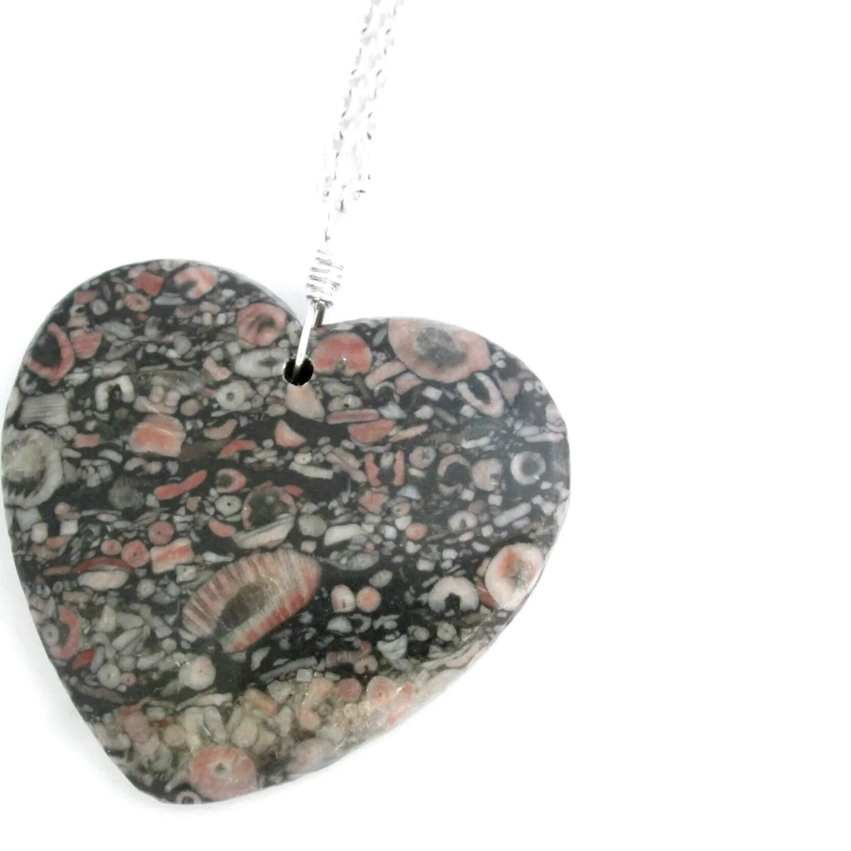 Fossil Heart Necklace, Crinoid Jasper Jewelry, Black & Pink Stone ...