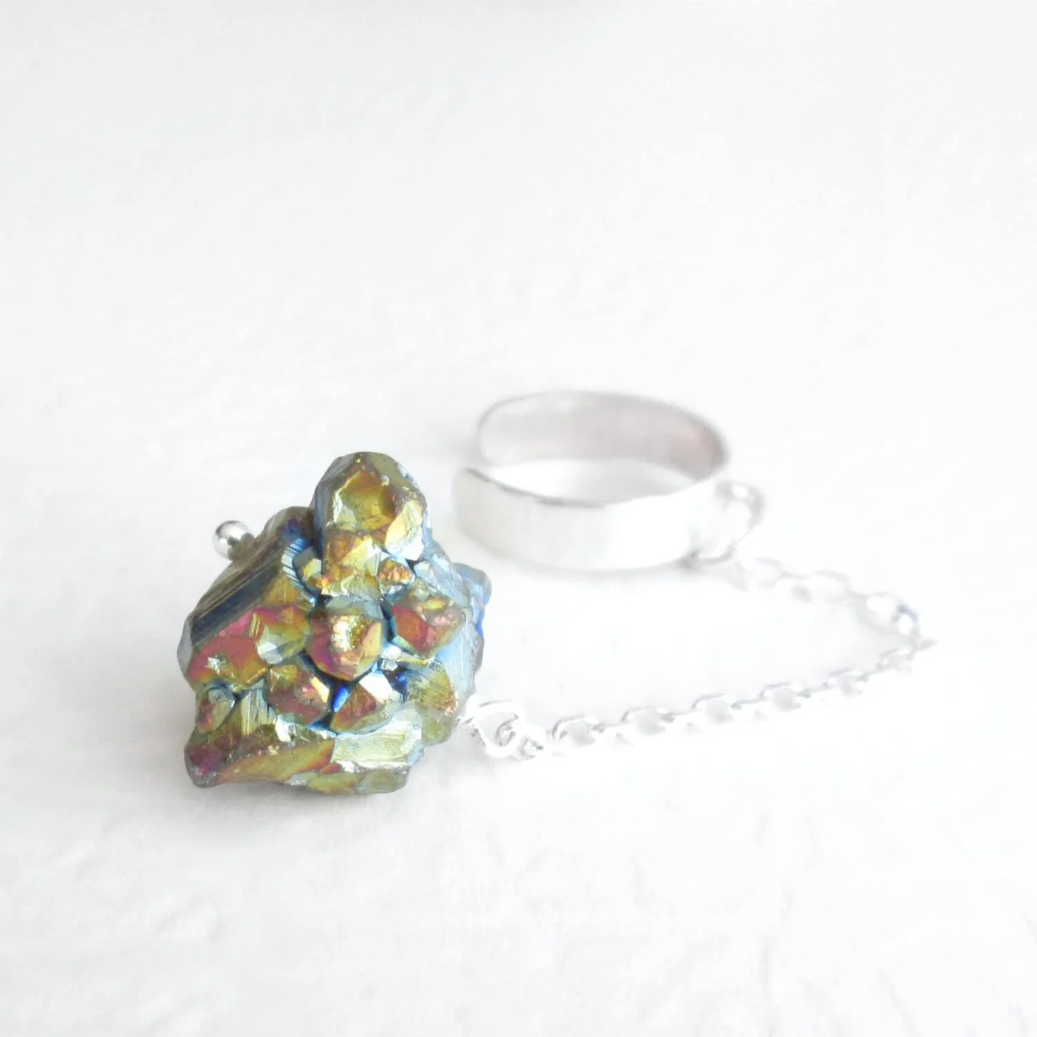 Dangle Ear Cuff with Chain, Rainbow Titanium Druzy — CindyLouWho2