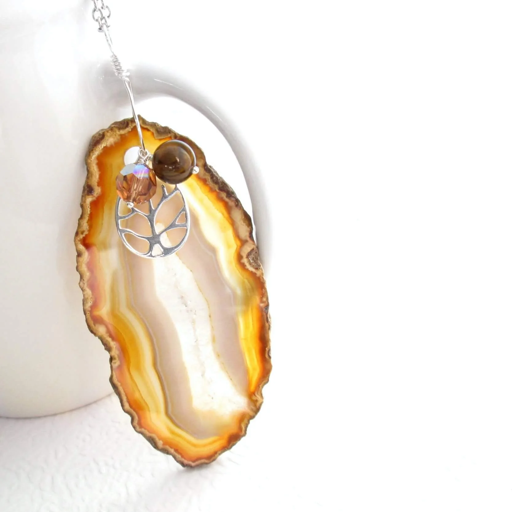 Amber Agate Slice Necklace, Petrified Wood and Silver Tree Charm — CindyLouWho2
