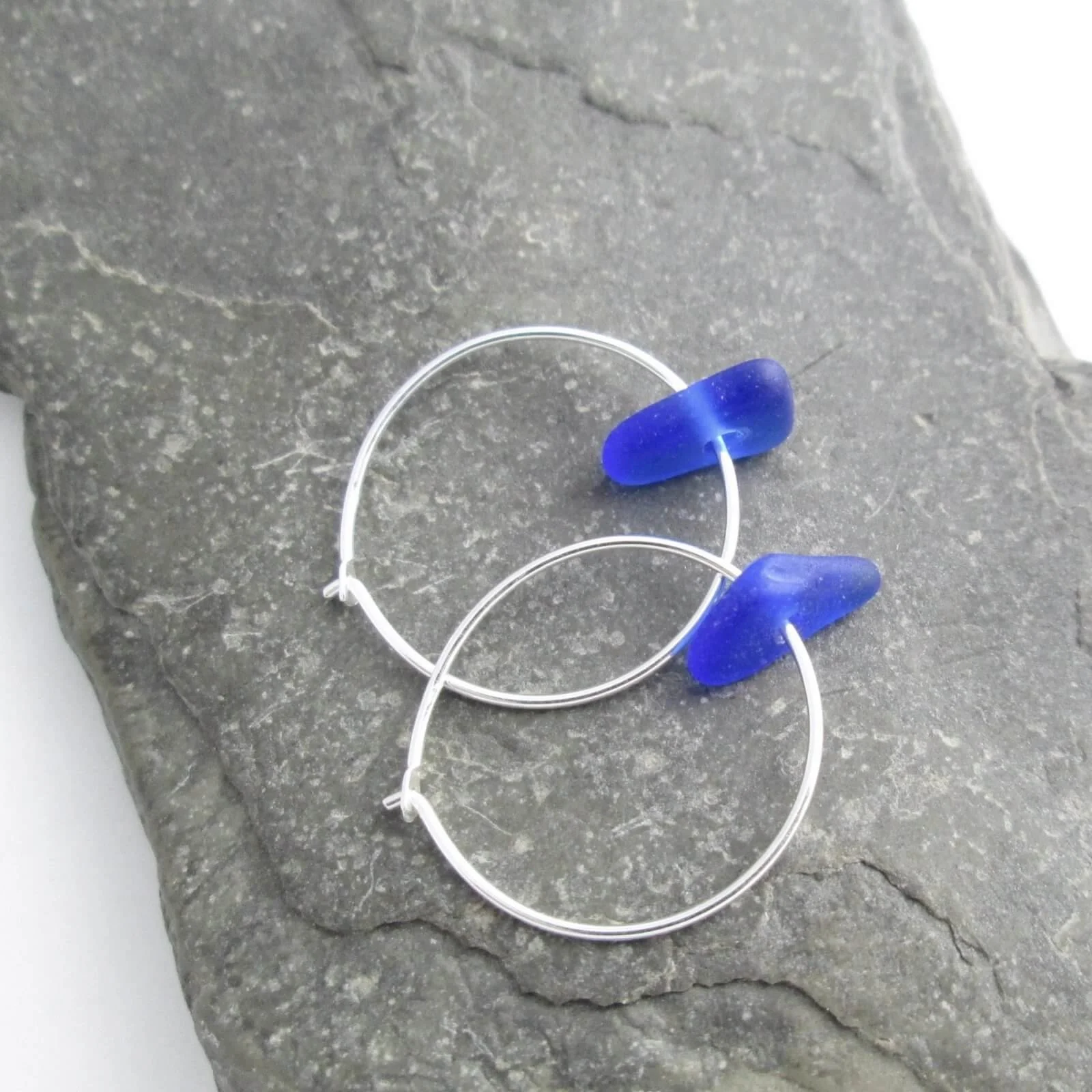 Cobalt Blue Beach Glass Earrings, Sterling Silver Hoops — CindyLouWho2