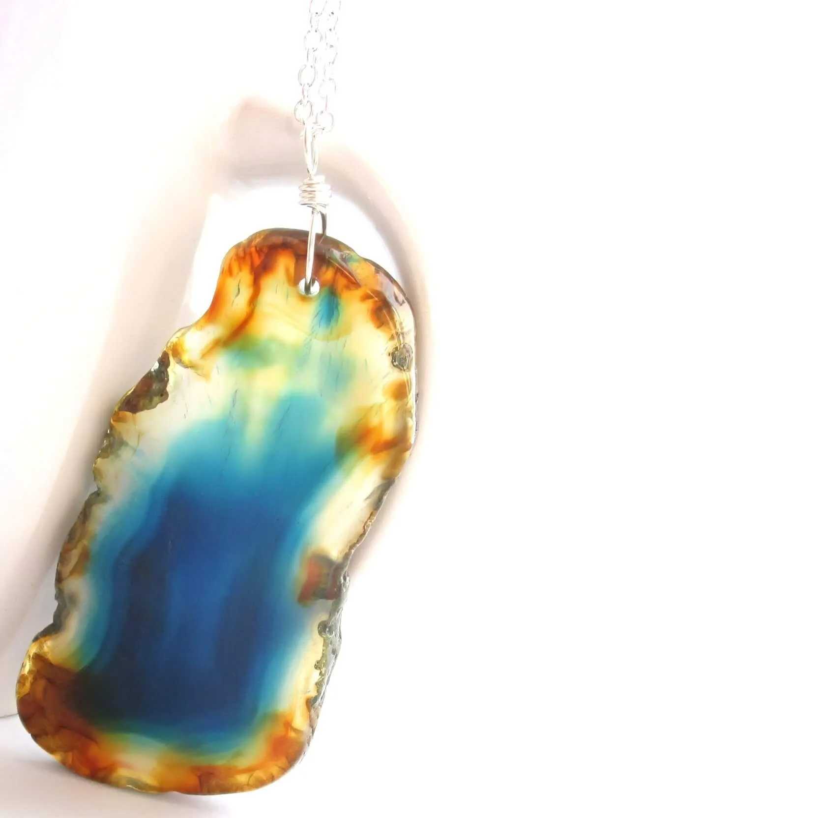 Blue Sliced Agate Necklace, Amber Highlights, Transparent Geode ...