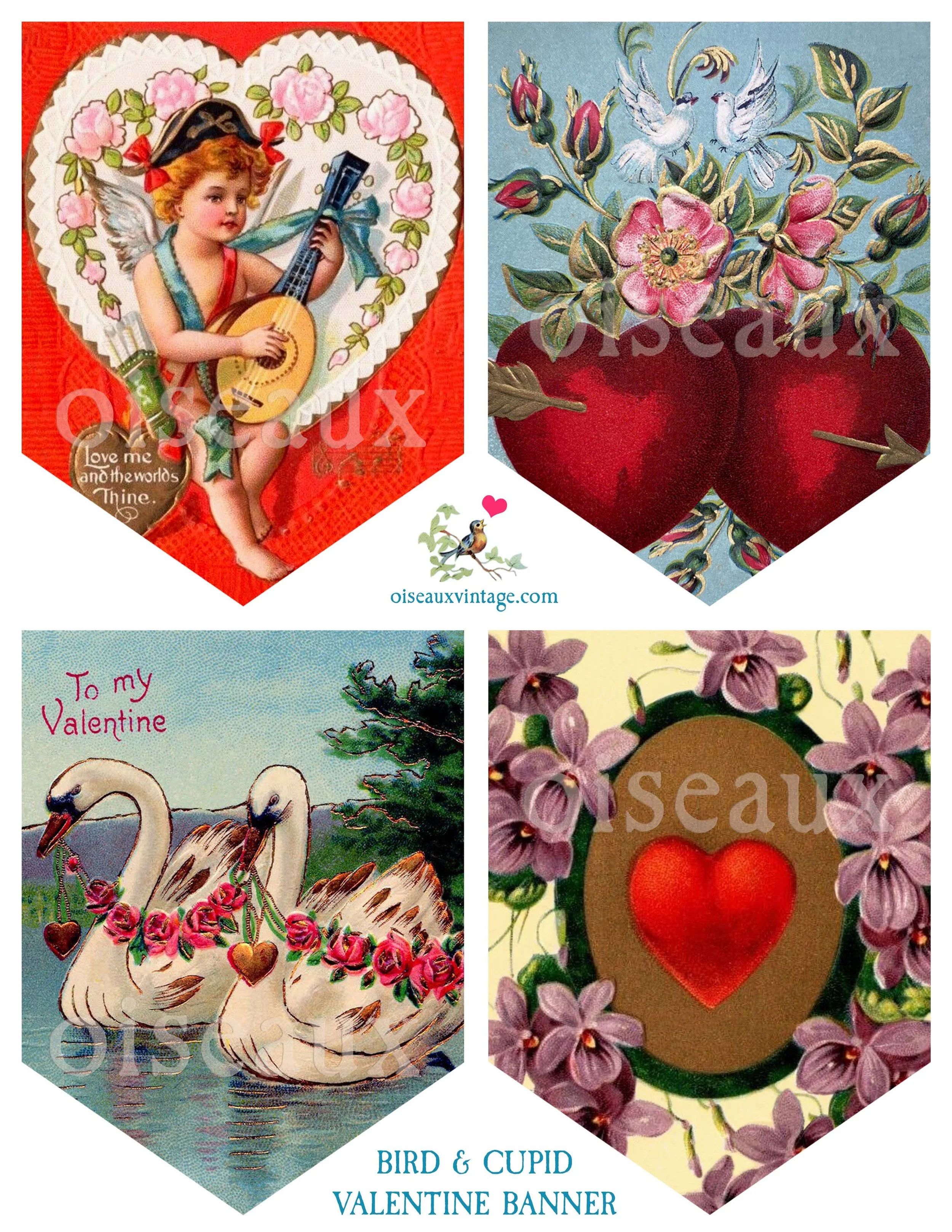 Vintage Valentine Banner -Birds & Cherubs - Printable DIY Party Decor ...