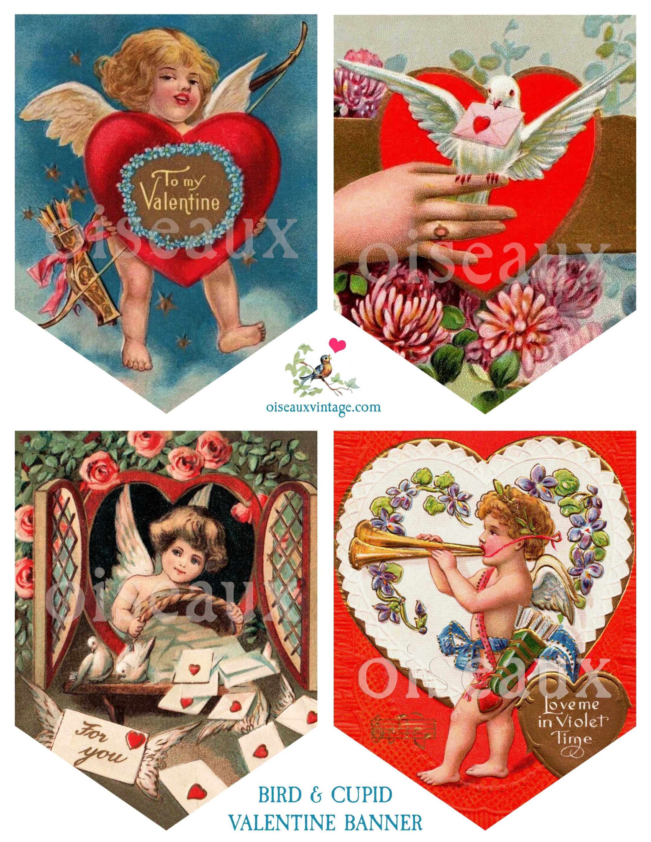 Vintage Valentine Banner -Birds & Cherubs - Printable DIY Party Decor ...