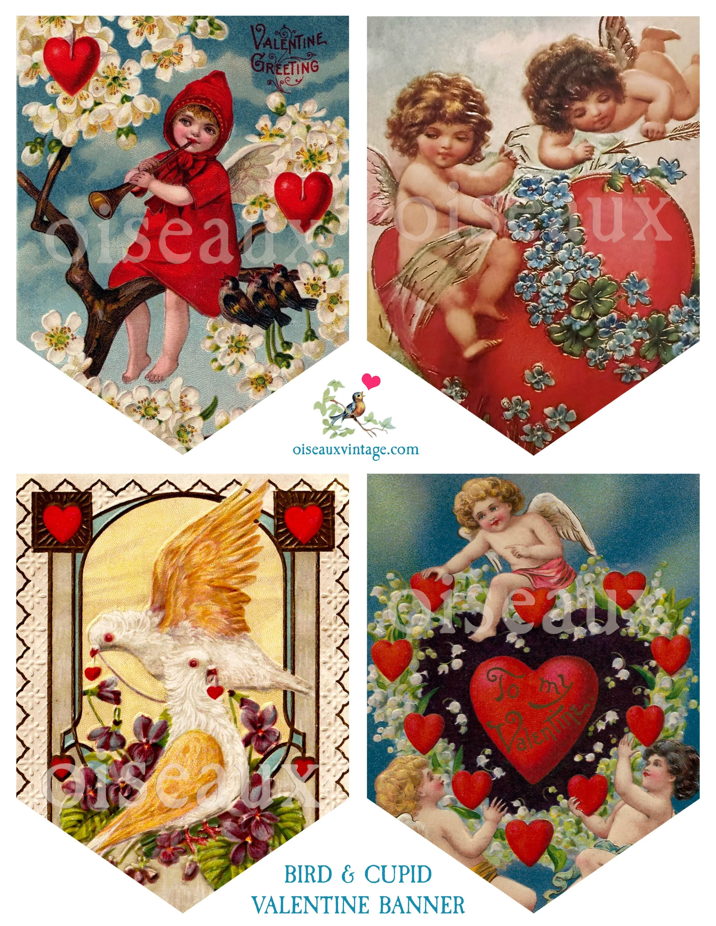 Vintage Valentine Banner -Birds & Cherubs - Printable DIY Party Decor ...