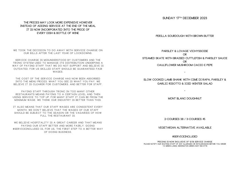 MENUS — Perilla Dining