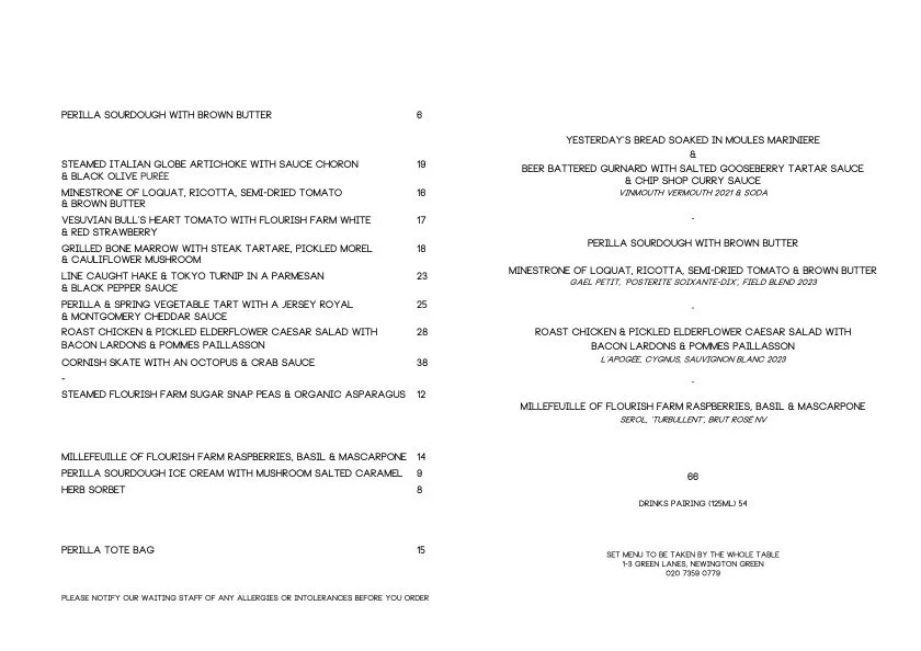 MENUS — Perilla Dining