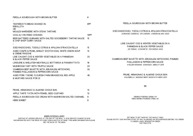 MENUS — Perilla Dining