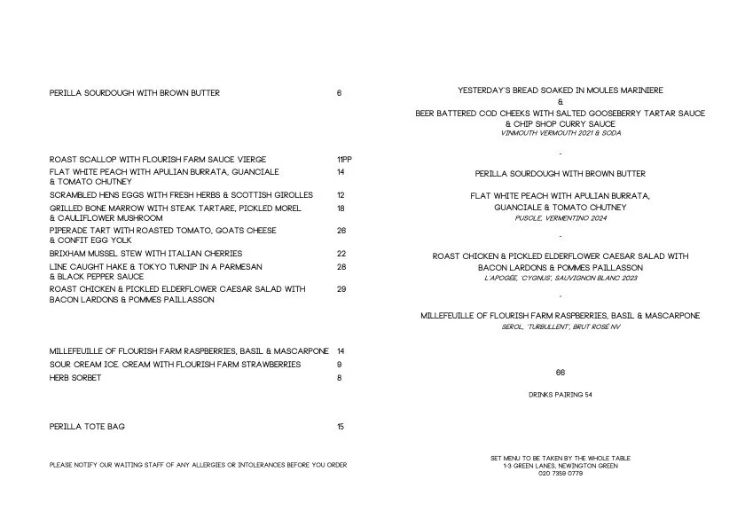 MENUS — Perilla Dining