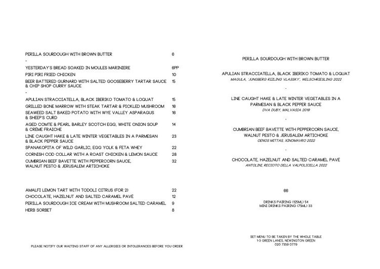 MENUS — Perilla Dining