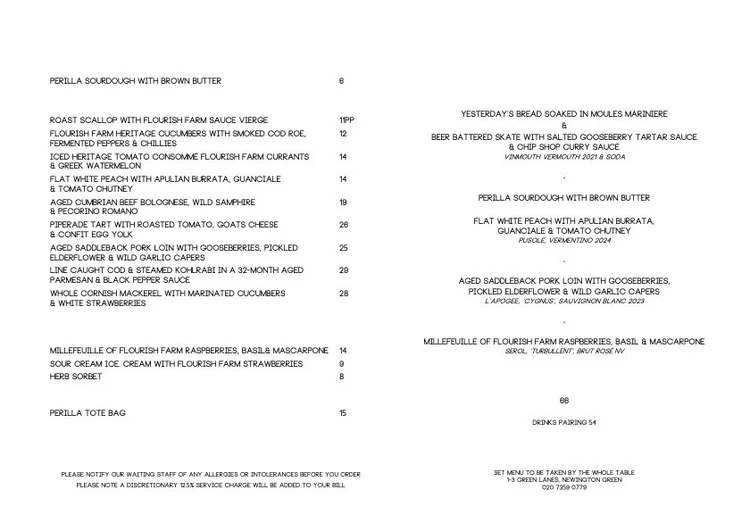 MENUS — Perilla Dining