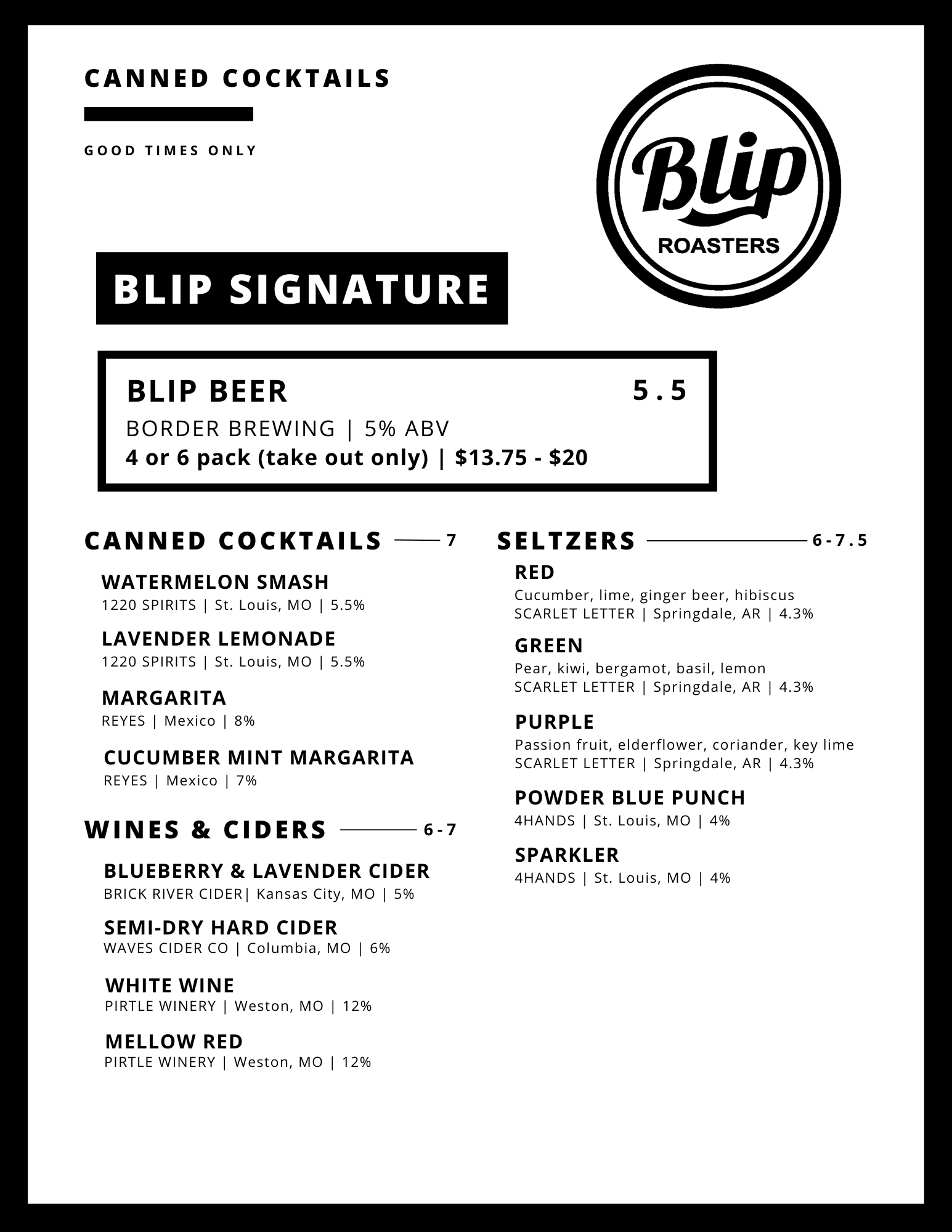 Café Menu — Blip Roasters