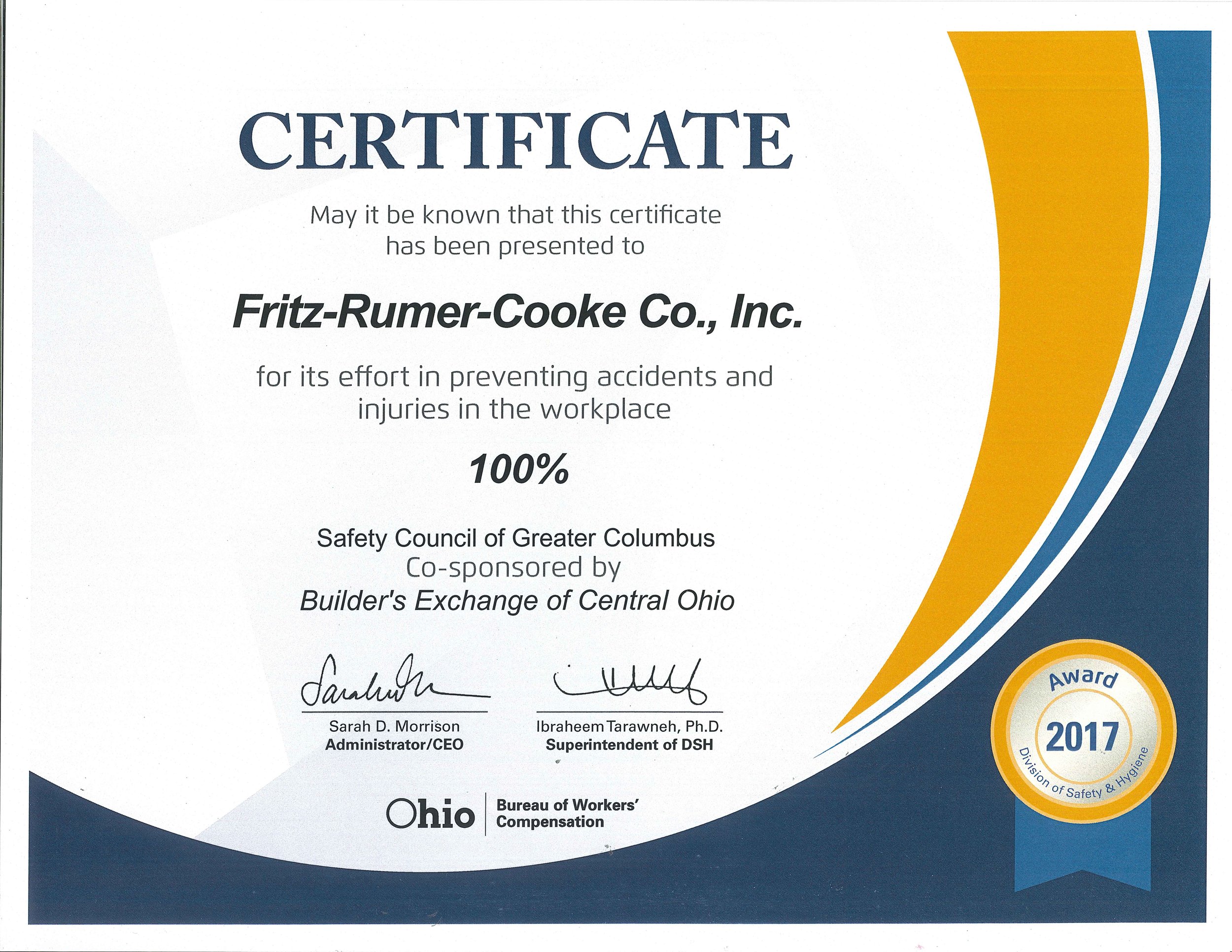 Safety and Awards — Fritz-Rumer-Cooke Co., Inc.
