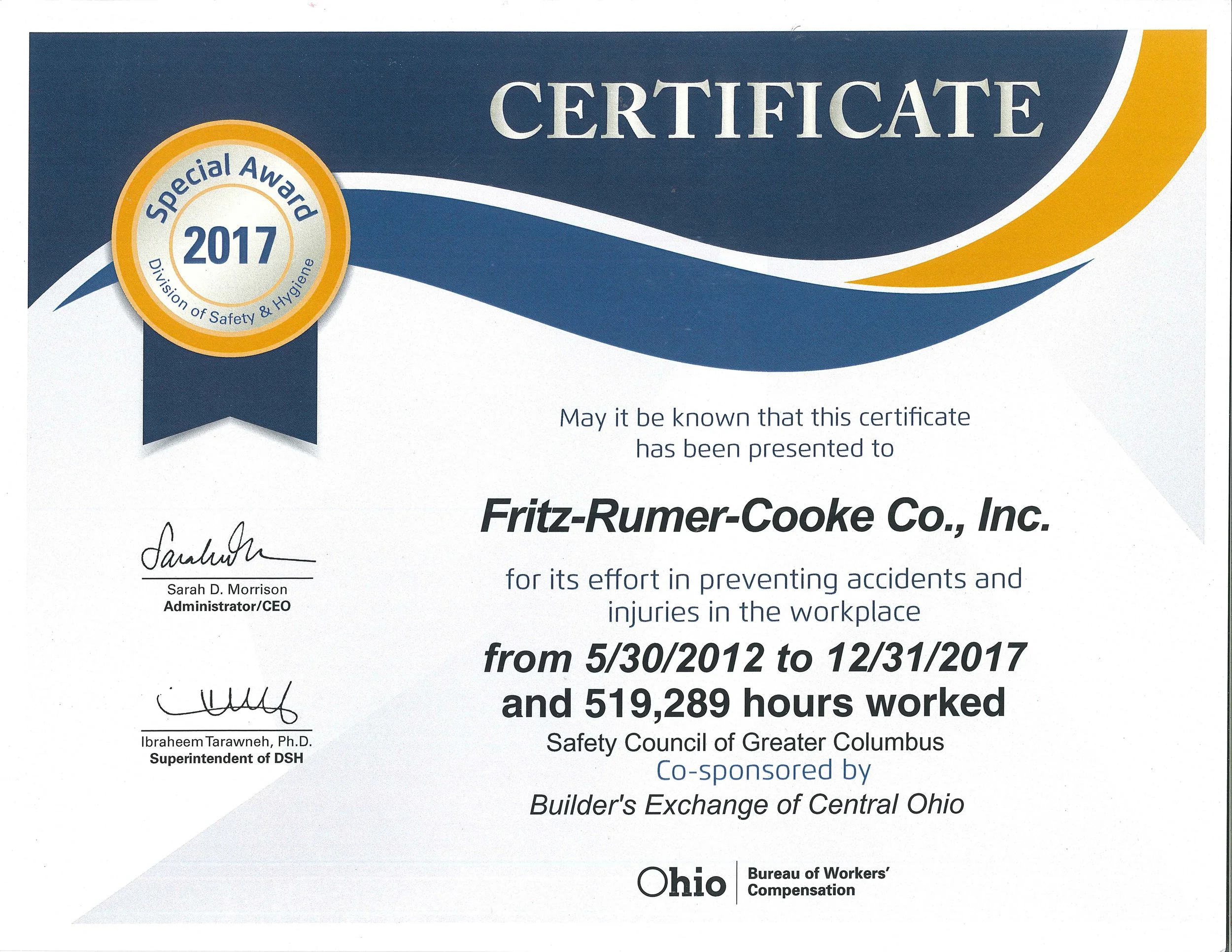 Safety and Awards — Fritz-Rumer-Cooke Co., Inc.