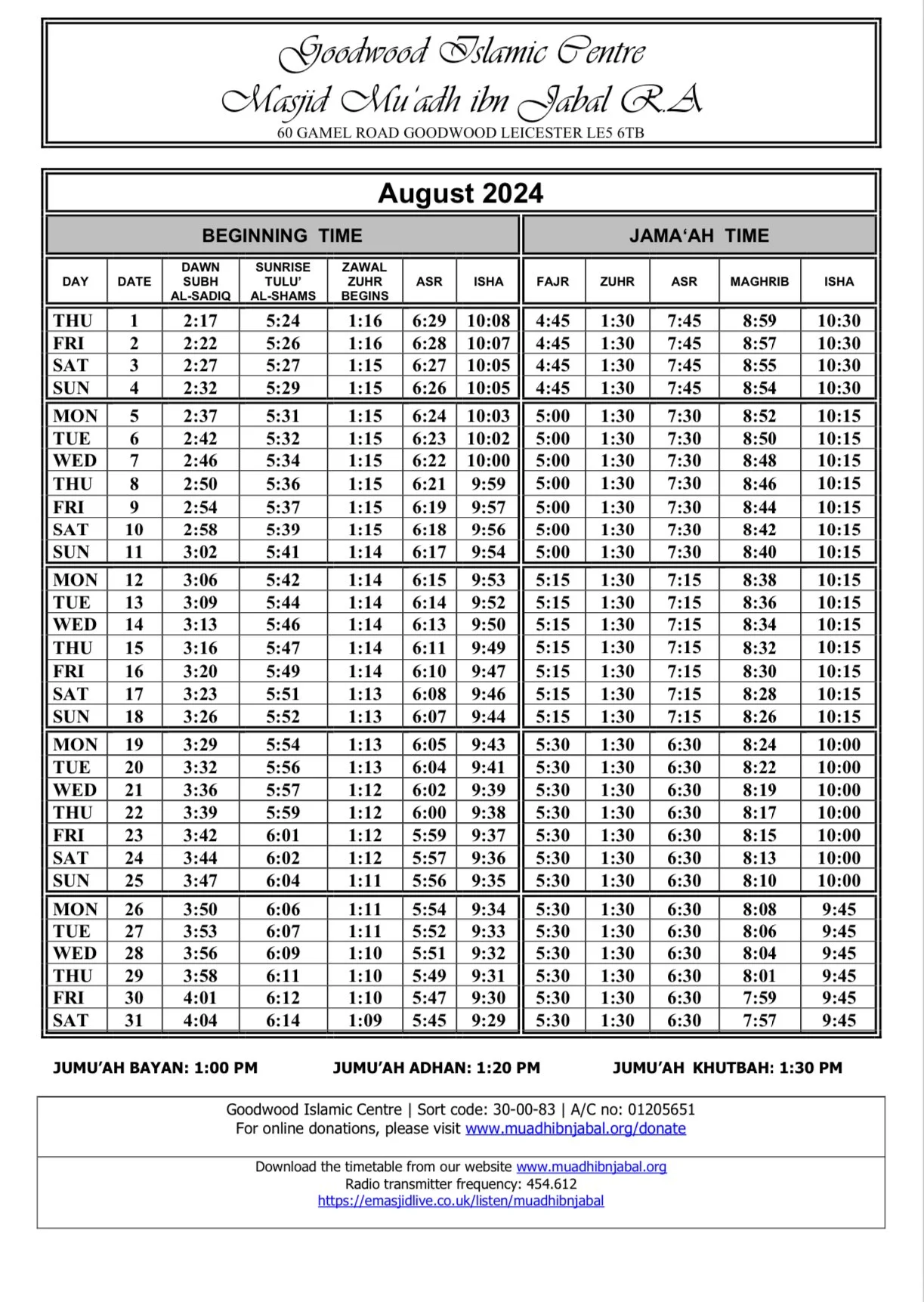 Timetable — Masjid Mu'adh ibn Jabal