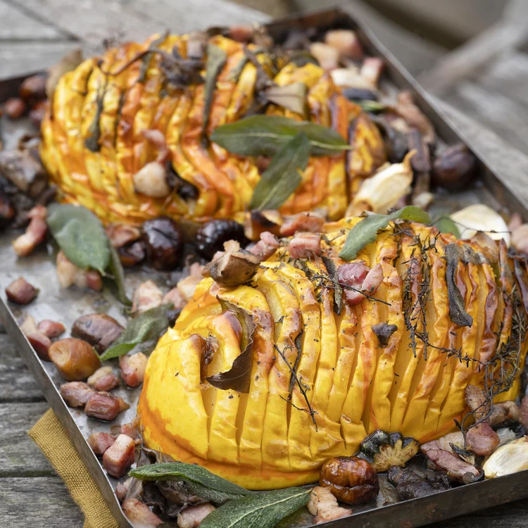 Recipe | Hasselback Squash with Chestnuts, Pancetta & Mushrooms | The ...