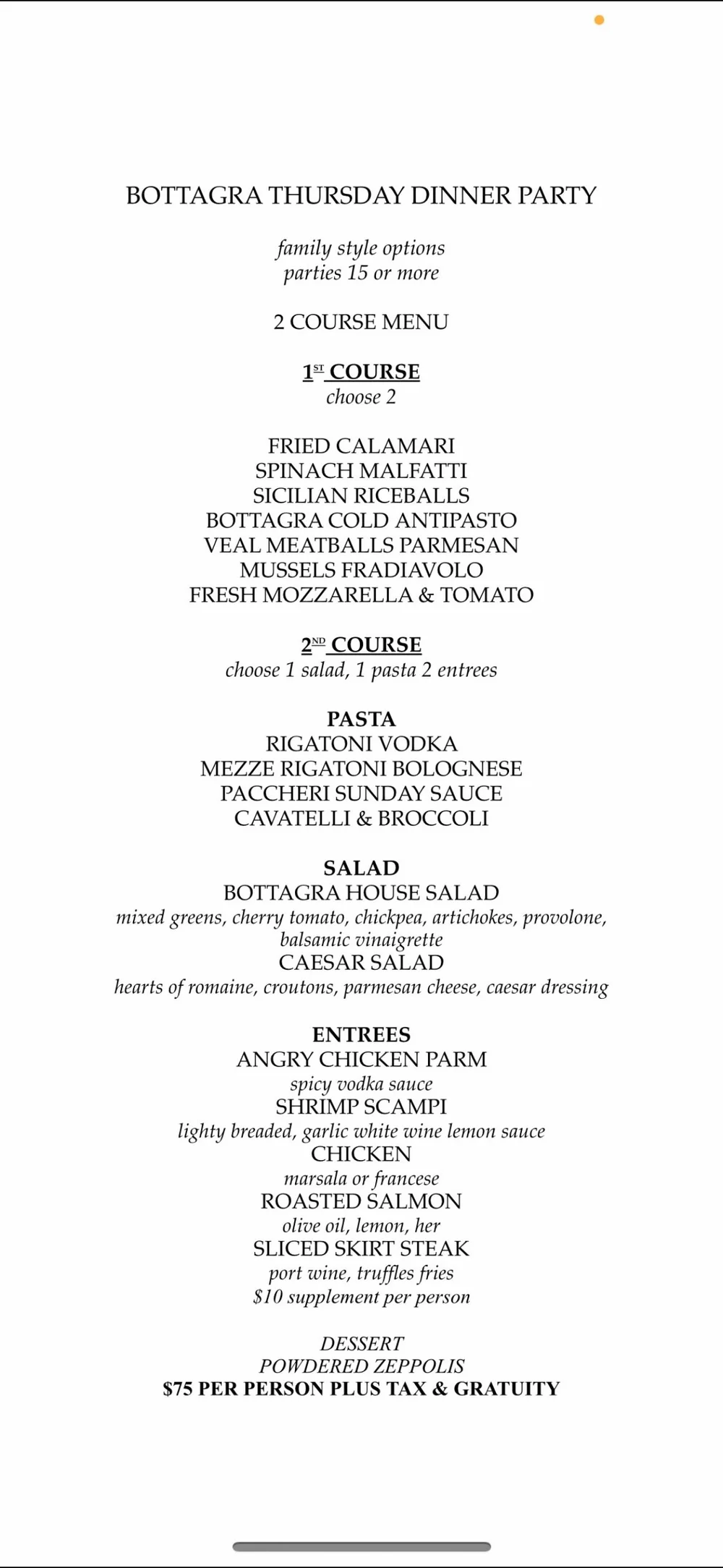 Dinner Menu — Bottagra