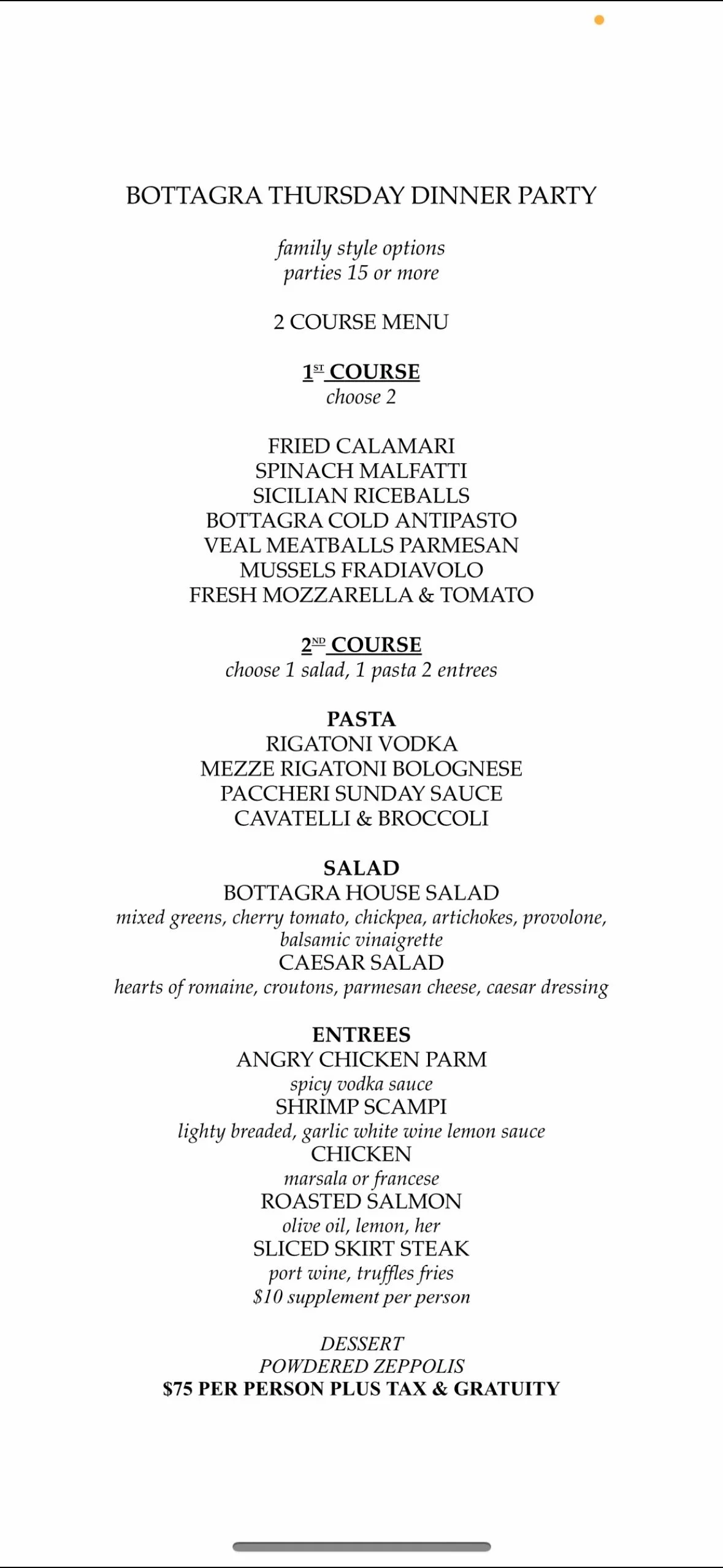 Dinner Menu — Bottagra