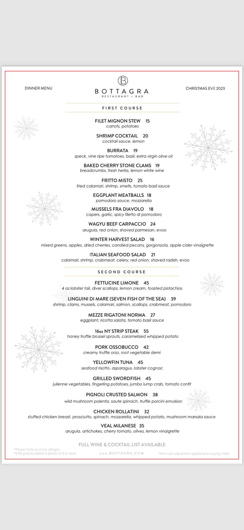 Christmas Eve Menu 2023 — Bottagra