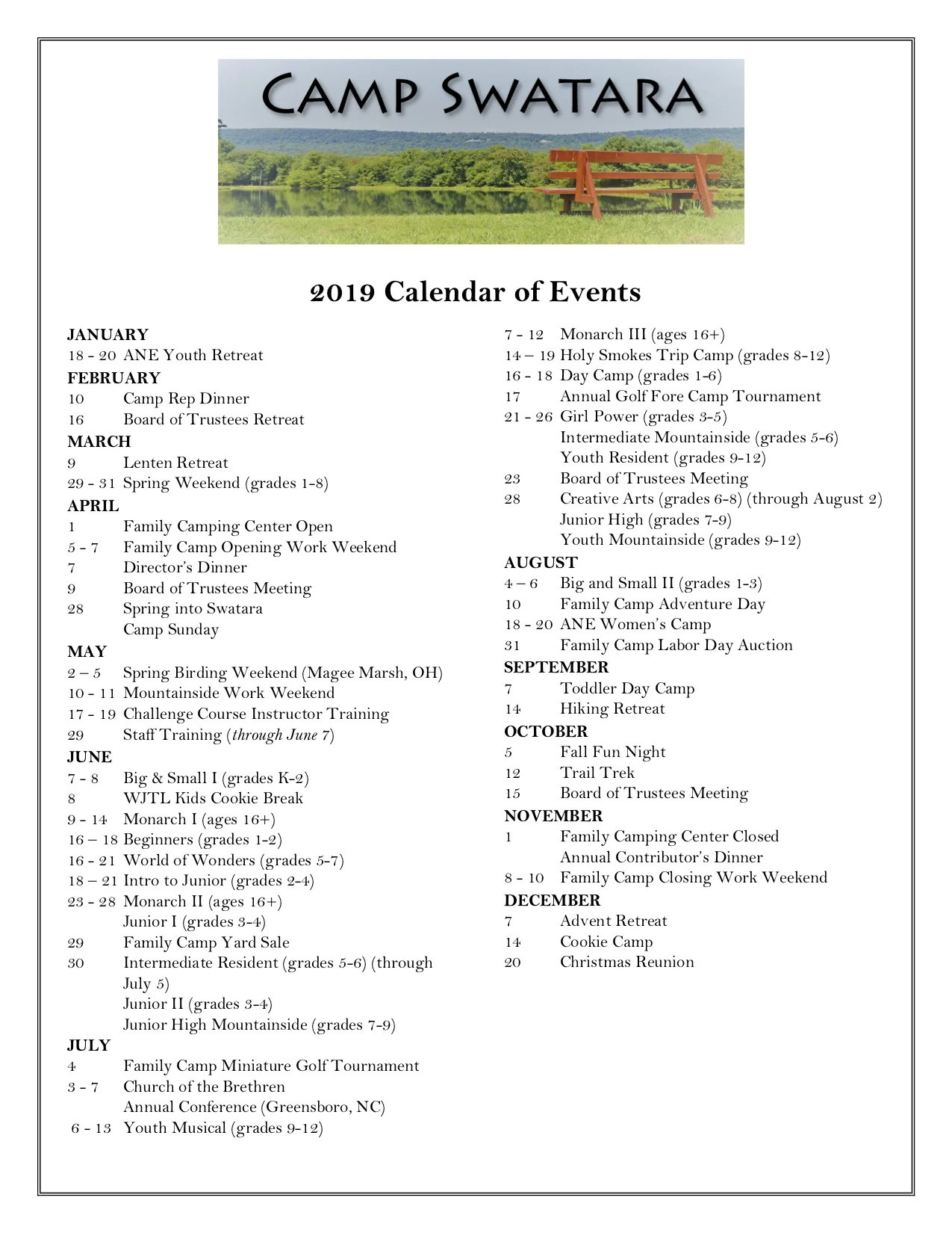 Calendar of Events — Camp Swatara