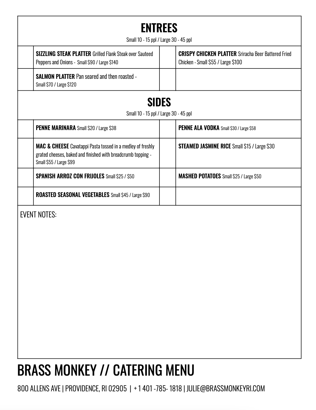 CATERING — Brass Monkey