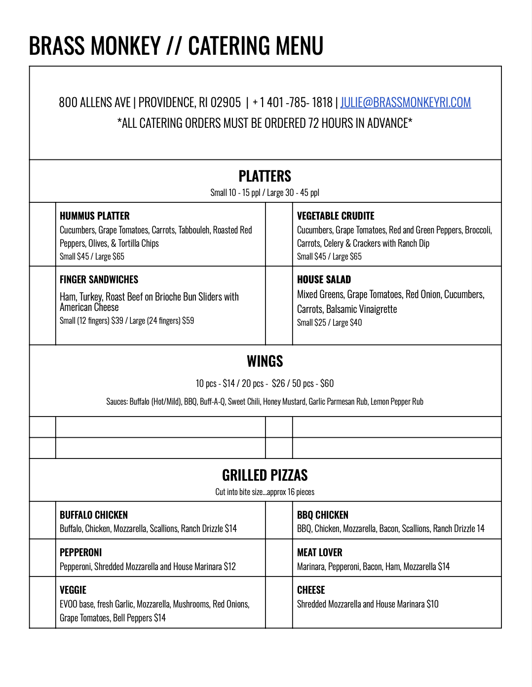 CATERING — Brass Monkey