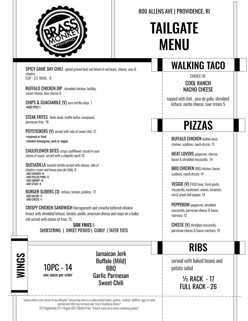 TAILGATE MENU — Brass Monkey
