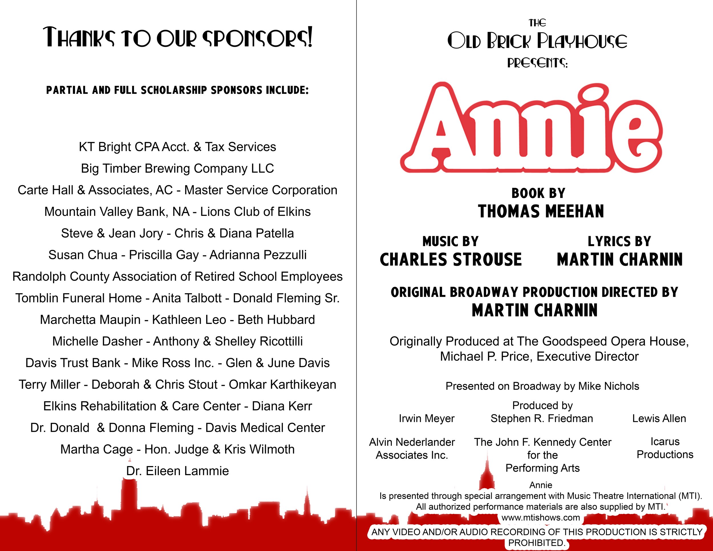 Annie Program — THE OLD BRICK PLAYHOUSE