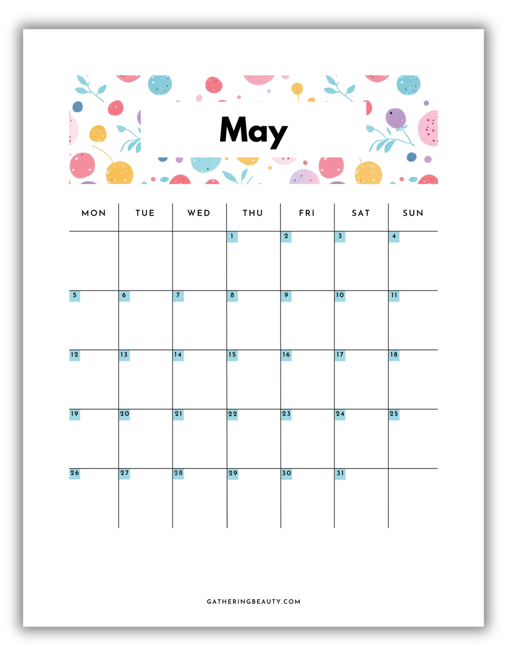 2025 Monthly Calendar Printable — Gathering Beauty
