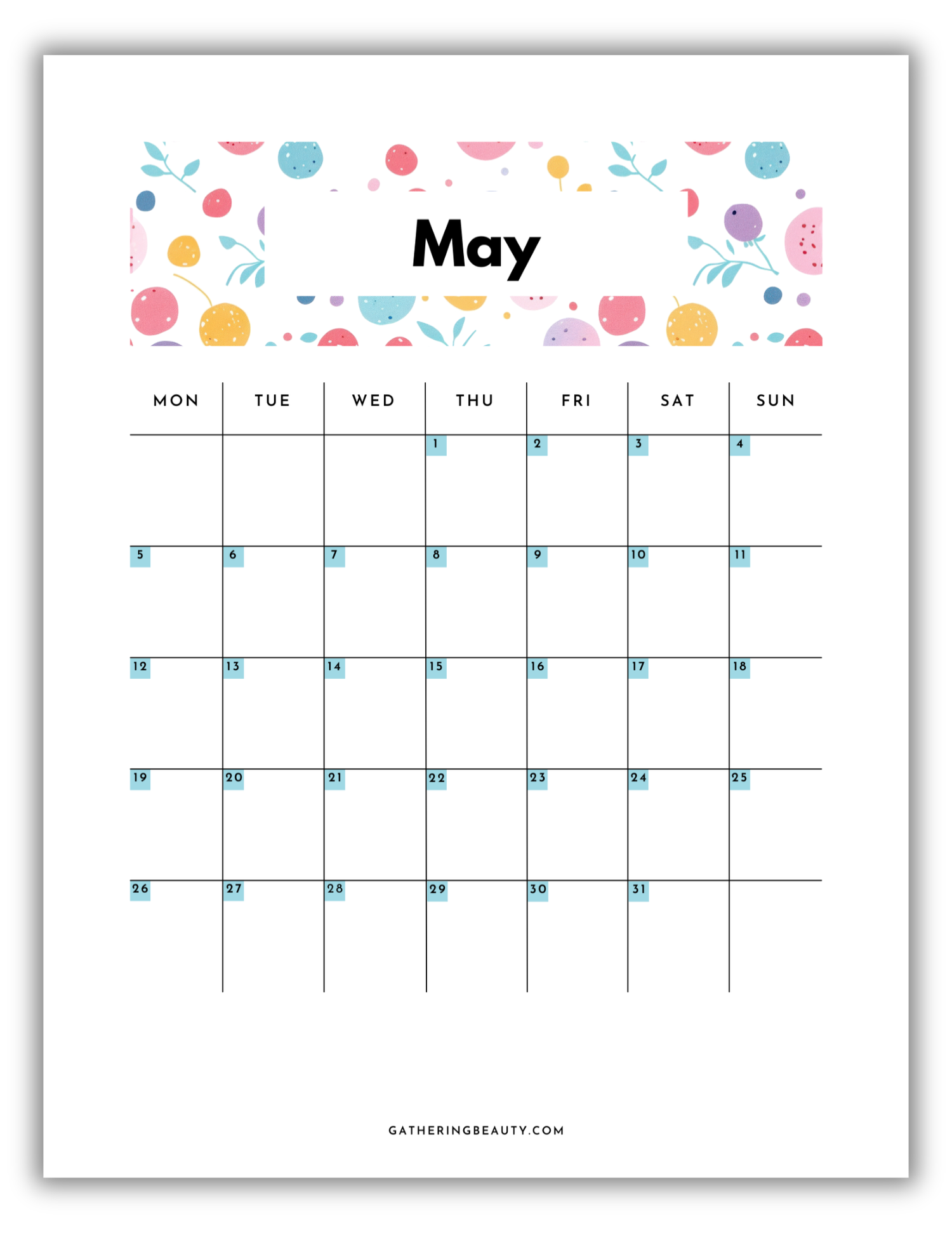 2025 Monthly Calendar Printable — Gathering Beauty