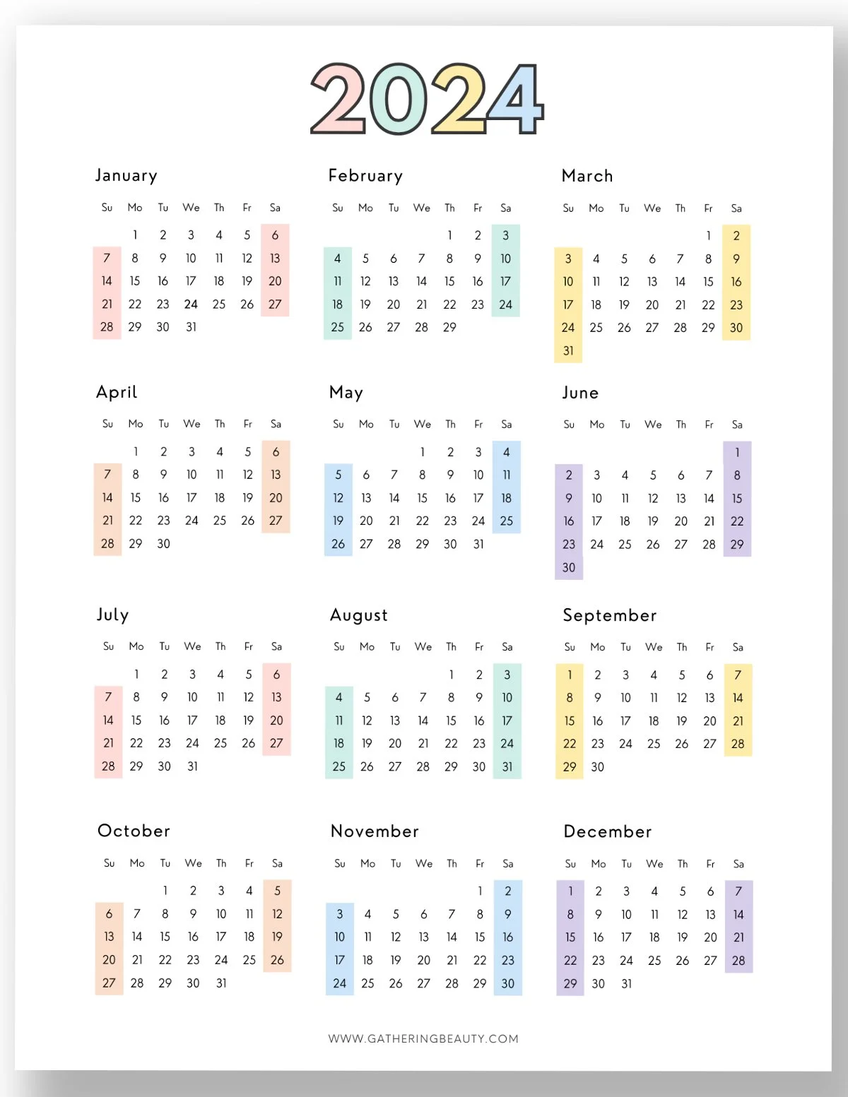 Free 2024 Printable Calendar One Page — Gathering Beauty
