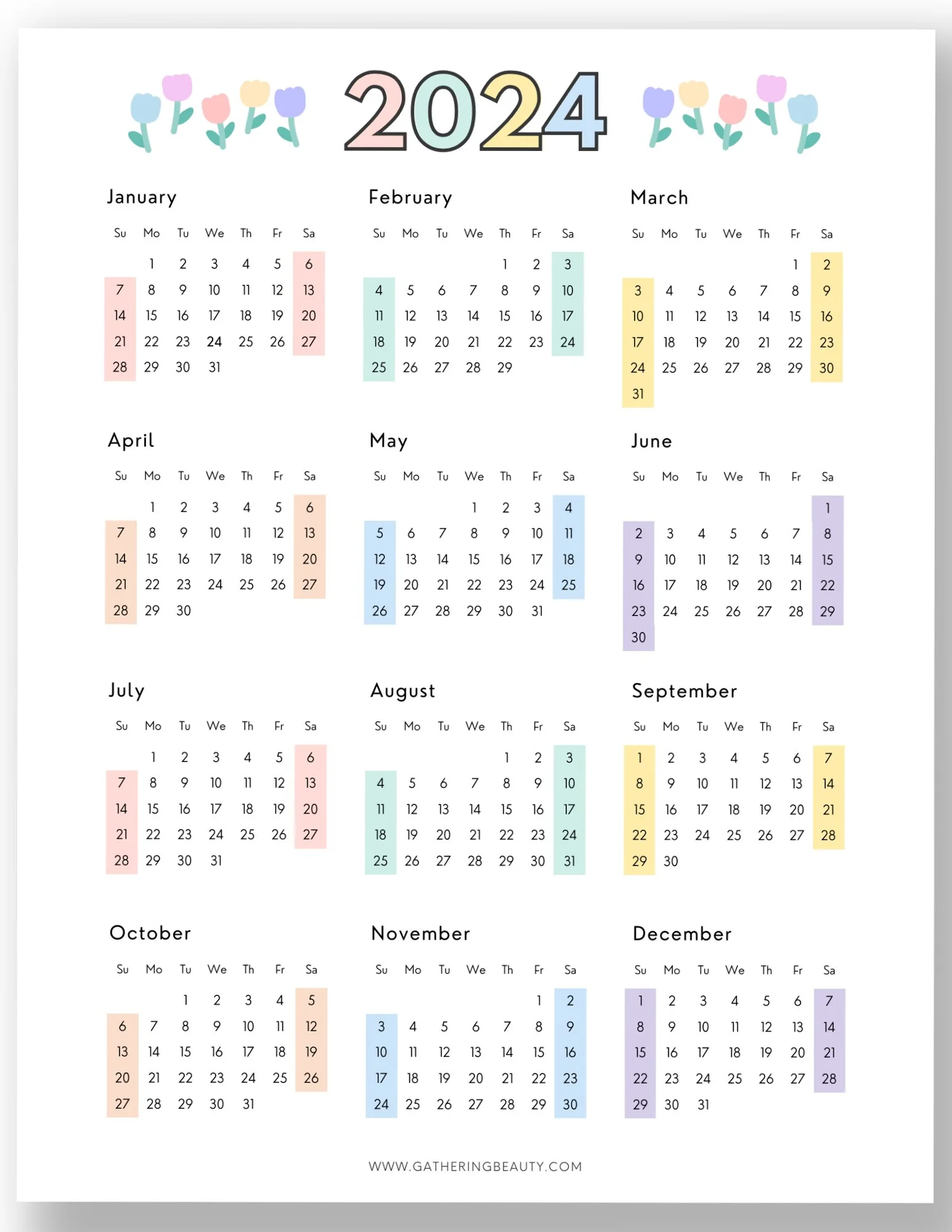 Free 2024 Printable Calendar One Page — Gathering Beauty