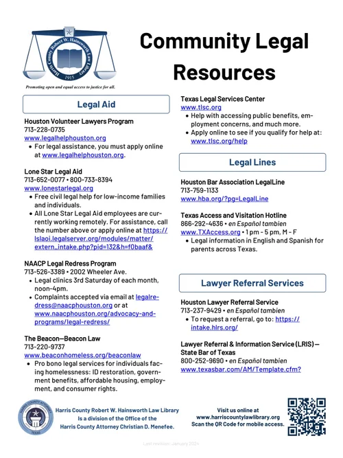 Community Legal Resources — Harris County Robert W. Hainsworth Law Library