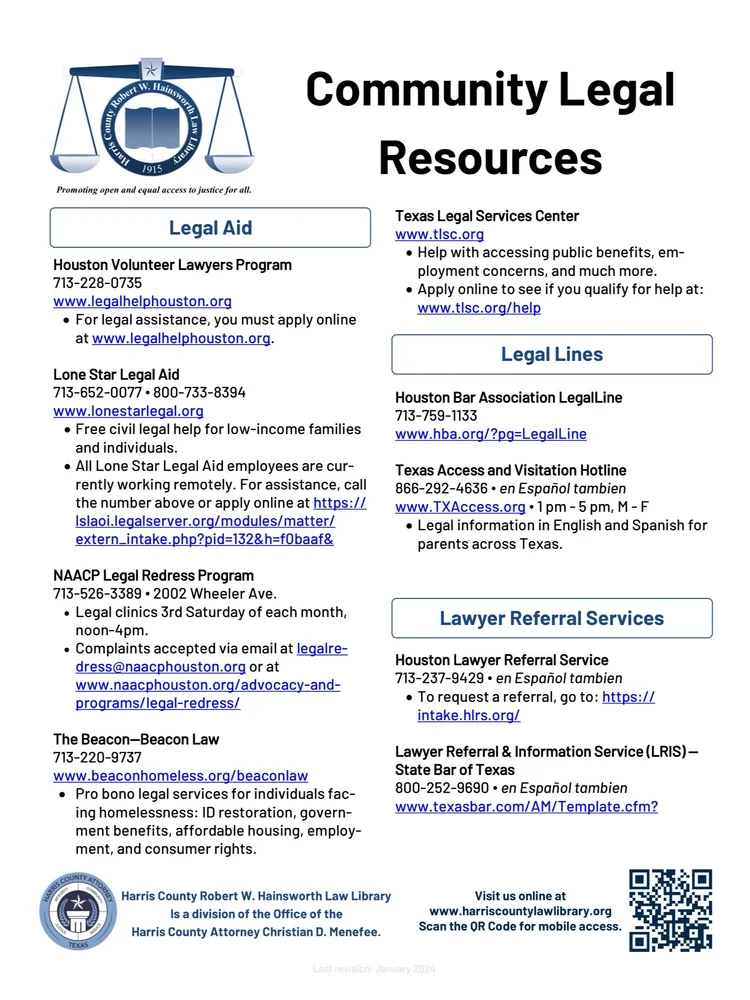 Community Legal Resources — Harris County Robert W. Hainsworth Law Library
