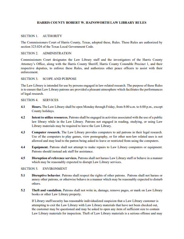 Law Library Rules — Harris County Robert W. Hainsworth Law Library