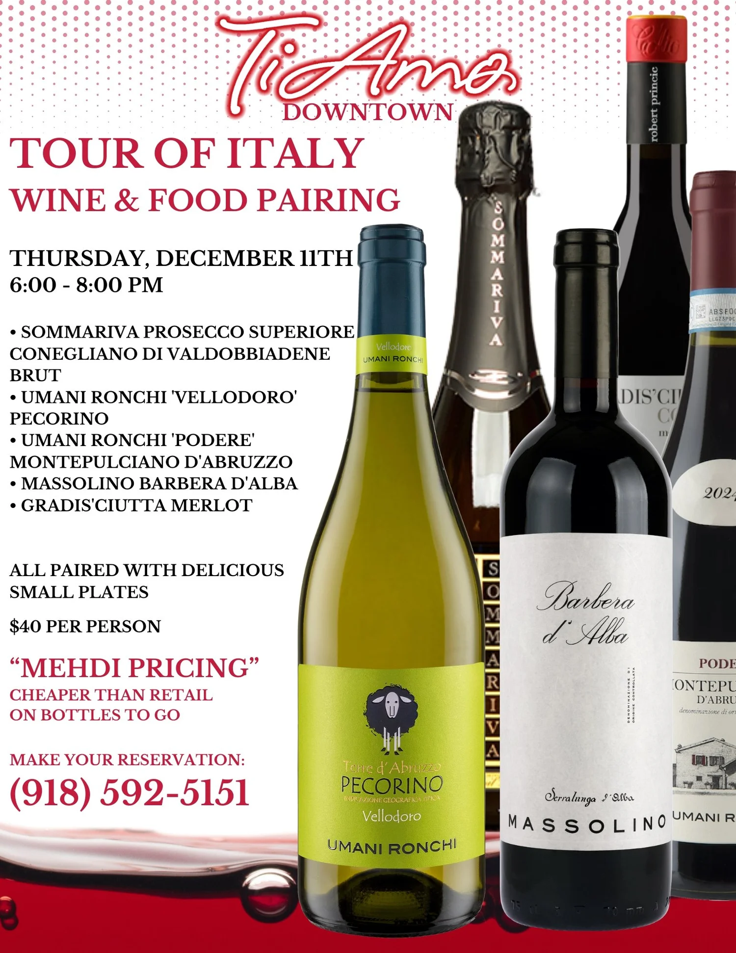 Tour of Italy Wine & Food Pairing at Ti Amo Downtown — Wine Tastings ...